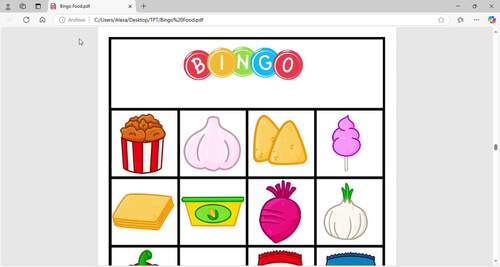 Food Bingo Game for ESL Kids | Nutrition Vocabulary | Fruits ...