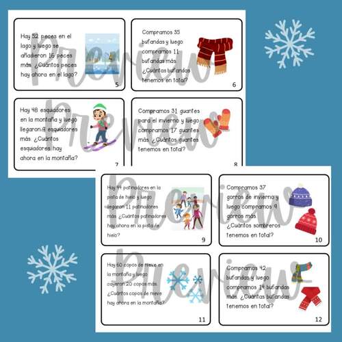 Problemas de cuento sumas de Invierno Addition Word Problems in Spanish
