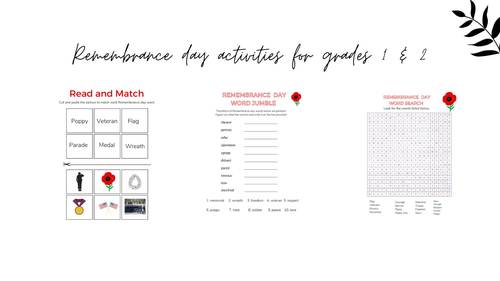 No Prep Remembrance Day Activities Grades 1 and 2 by Learn Grow Aspire