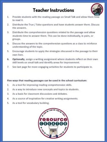 Small Talk Social Skills Reading and Comprehension Questions Business ...