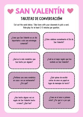 VALENTINES DAY CONVERSATION CARDS SPANISH SAN VALENTÍN CONVERSACIÓN