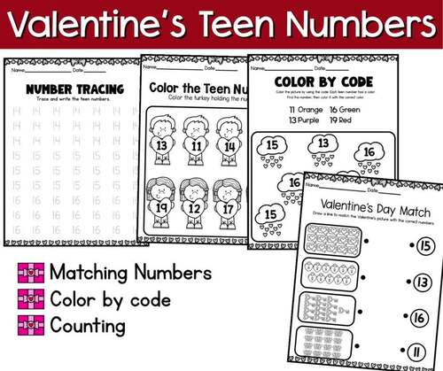 Valentine Teen Numbers Worksheet | Valentine Teen Numbers Activity