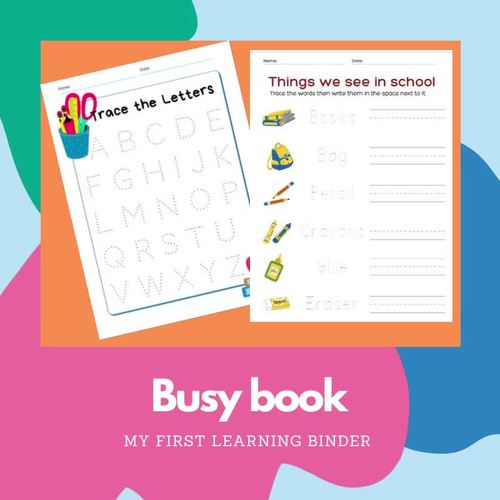 14 page busy book. Learn to trace lines, shapes, numbers and letters.