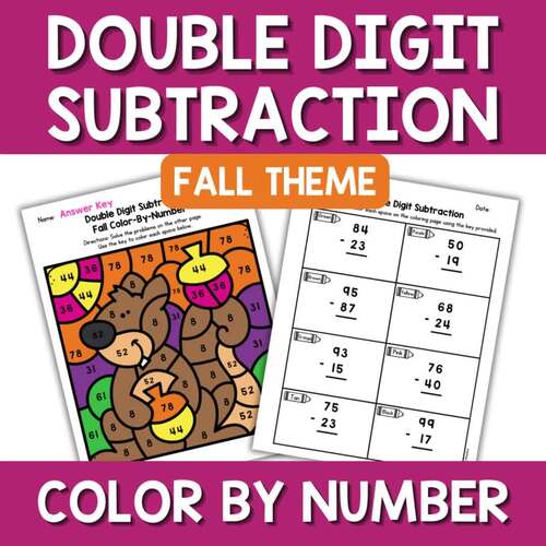 Fall Autumn Double Digit Subtraction Color by Number Subtracting 2 ...
