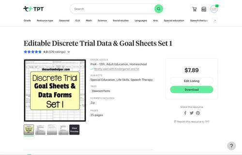 Editable Discrete Trial Data & Goal Sheets Set 1 by The Autism Helper
