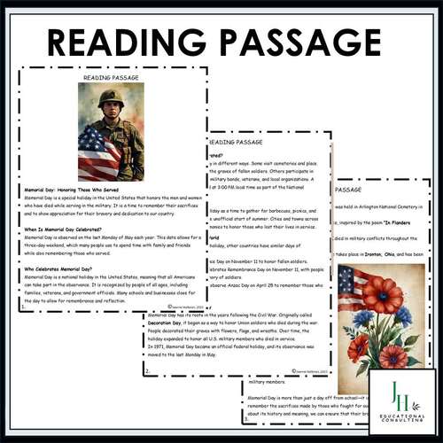 Memorial Day Reading Comprehension Activities | DOK | Middle School