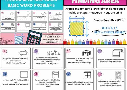 Finding Area Center Games Task Cards Basic Word Problems & Anchor Chart