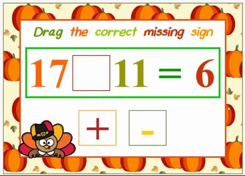 Thanksgiving Math Add or Subtract What's My Sign? Boom Cards Digital ...
