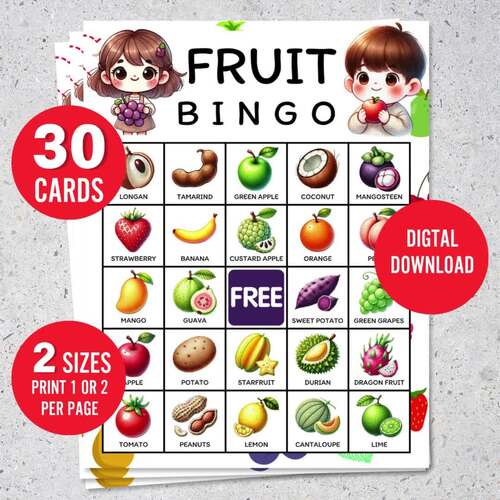Fruit Bingo Game | 30 Printable Cards | Fun & Educational Activity for Kids