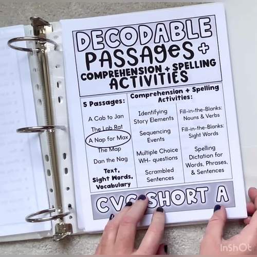 Decodable Passages with Reading Comprehension, Spelling Worksheets - CVC A