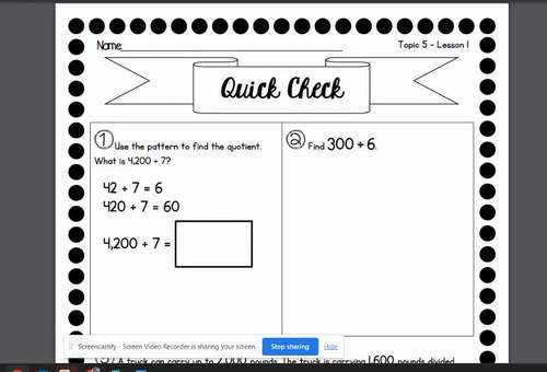 4th Grade EnVision Math Quick Checks/Exit Ticket - Topic 5 (Divide by 1 ...