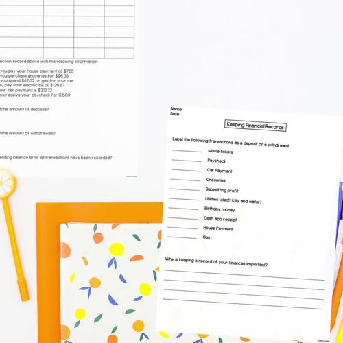 Texas Financial Literacy Keeping Records Worksheet Practice | 5th Grade
