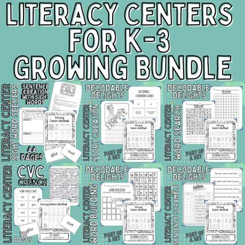 Literacy Centers for k-3 Growing Bundle by Decadence School House