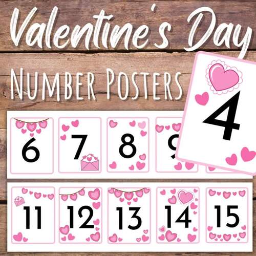 Valentine's Day Number Posters Numbers 1-20 for Classroom Decor with Hearts