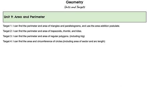 Unit 9 Area and Perimeter (Modified Geometry Curriculum) PDF & Links