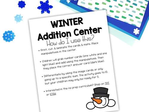 Winter Addition Activity Snowball Adding Mat Preschool Kindergarten Centers