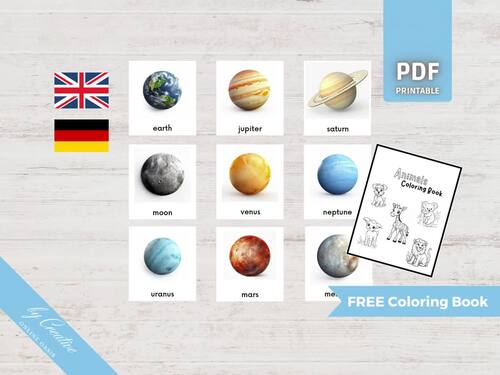 PLANETS • 9 Montessori Cards • Flash Cards German English ...