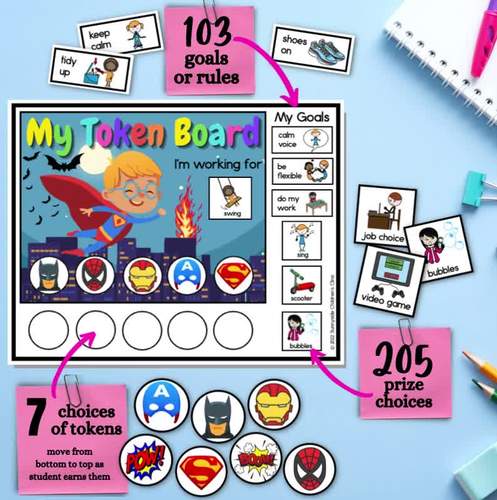 Superhero Token Board Reward Chart with First Then Schedule | TPT