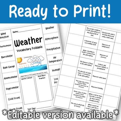 Weather & Climate Vocabulary Science Study Foldable and Mini Flashcards