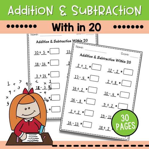 Addition and Subtraction worksheet within 20, 1st grade Math, 60 pages