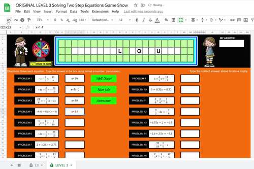 Google Sheets Digital Game Show Solving Two Step Equations by Algebra ...