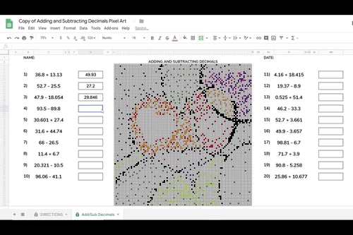 Valentines Day Math Digital Pixel Art Adding and Subtracting Decimals