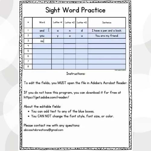 Editable Sight Word Worksheets: High Frequency, Kindergarten, 1st & 2nd ...