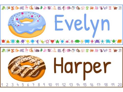 Editable Desk Name Tags for Students: Tasty Donuts, 30 Designs, 8.5"x11"