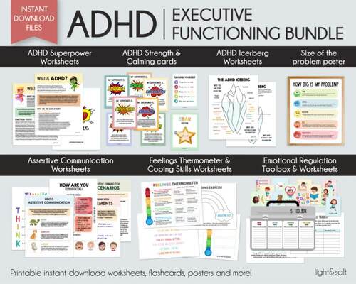 ADHD, Executive functioning worksheet bundle for kids, ADHD skills, anxiety
