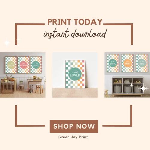 Kids I Am Affirmation Wall Art Set, 10 Retro Checkered Classroom Posters