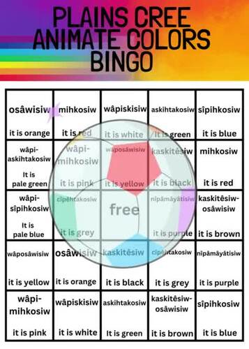 Plains Cree Colors Bingo Animated Verb Form Editable with Color FlashCards