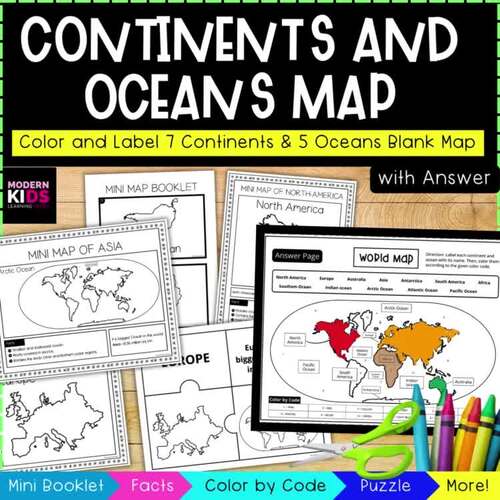 7 Continents & 5 Oceans Worksheets with Blank Maps, Activities & Answer Key