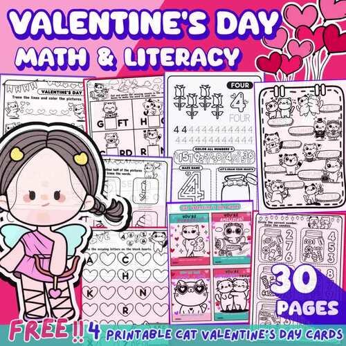 Valentine’s Day Math & Literacy | 30 No-Prep Worksheets | K–1 + FREE Cards