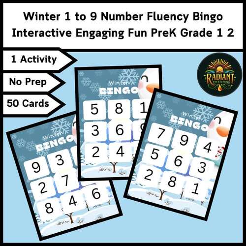 Winter 1 to 9 Number Fluency Bingo Interactive Engaging Fun PreK Grade 1 2