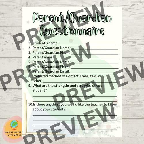 Back to School Parent/Guardian Questionnaire - EDITABLE | TPT