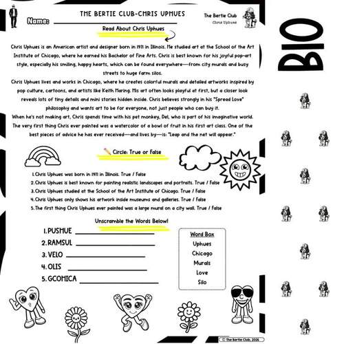 Chris Uphues Inspired Art Bundle | No Prep Art Sub Plans | Coloring & Games