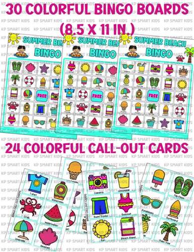 Summer Beach Bingo Bundle | Color and B&W Printable Cards for Class and ...