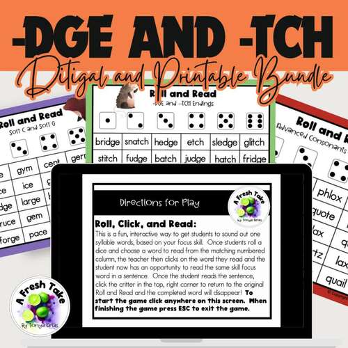 -DGE & -TCH Words Sentences Roll & Read |Phonics Games| Digital ...