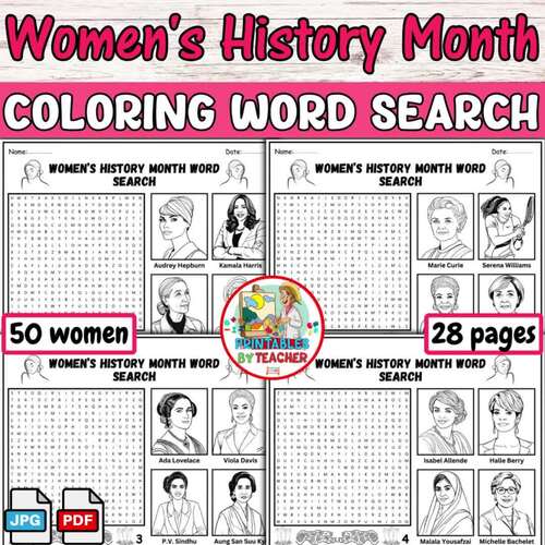 women's History Month famous women's coloring word search game-worksheets