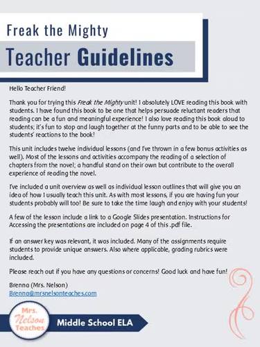 Freak the Mighty Novel Study by Mrs Nelson Teaches | TPT
