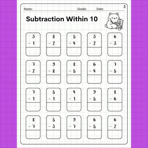 Subtraction Within 10 Worksheets | With & Without Regrouping | 30 Pages