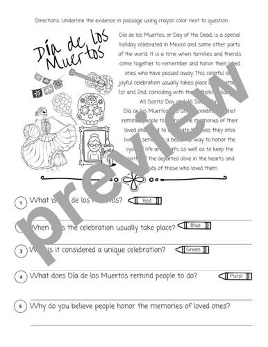 Dia De Los Muertos Day of the Dead Comprehension Finding Text Evidence ...