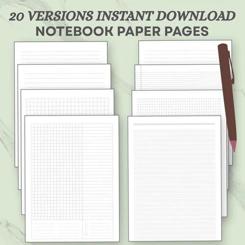 Notebook Paper Pages Printable, A4/A5/Letter, 20 versions Instant ...
