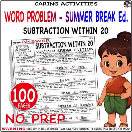 Subtraction within 20 word problem math fluency worksheets - Summer ...