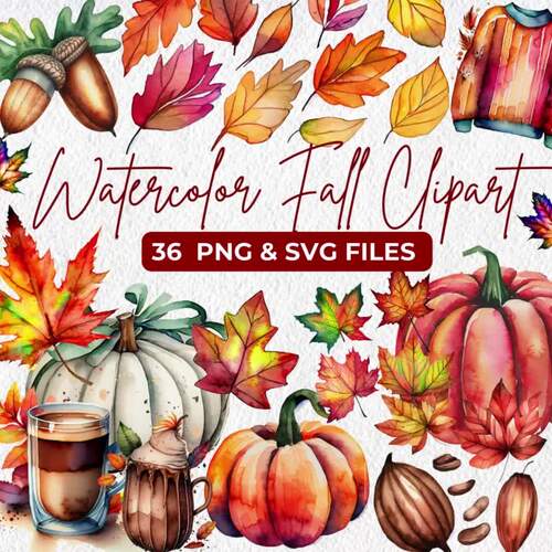 Fall Watercolor Clipart Bundle, Leaves PNG, Pumpkin PNG, Cute Autumn ...