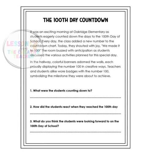 100th day of school reading passage comprehension,bingo,writing prompt ...