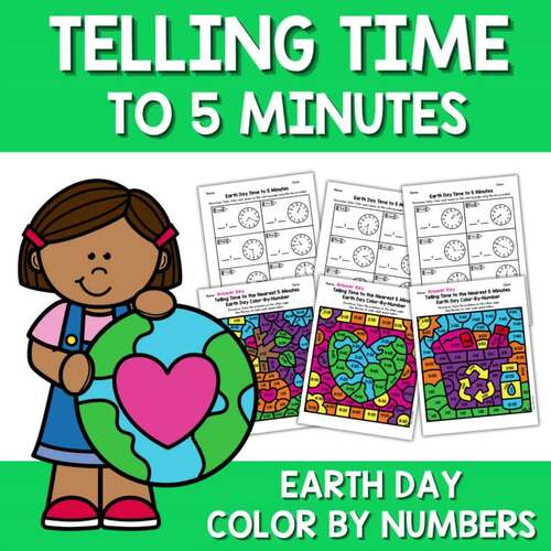 Earth Day Time to 5 Minutes Color by Number Code Fun Worksheets Activities