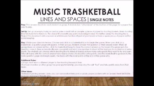 Music Trashketball: Lines and Spaces (treble clef single notes) | TPT
