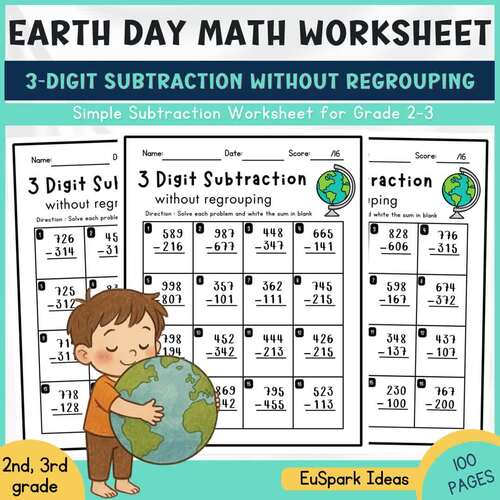 Earth Day Math | 3-Digit Subtraction Without Regrouping | for Grade 2–3