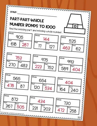 Thanksgiving Part-Part-Whole Number Bonds to 1000 Missing Whole ...